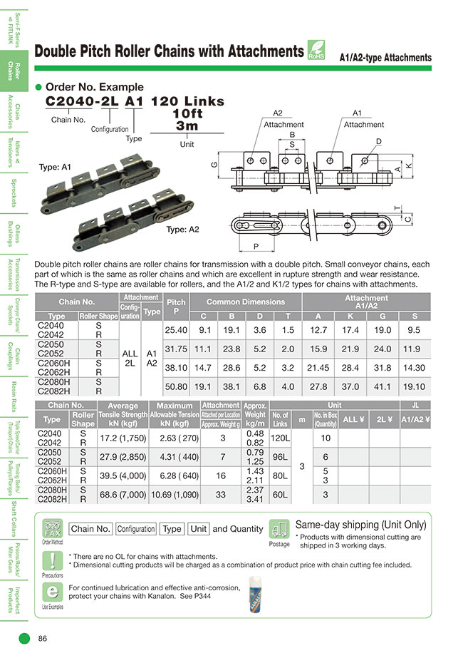 Double-Pitch Roller Chain With A1 and A2 Type Attachment | KATAYAMA ...